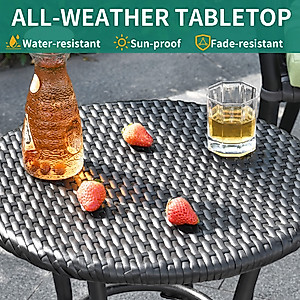 YITAHOME Outdoor Wicker Coffee Table, All-Weather PE Rattan Round Side Table with Tempered & Wicker Top, Patio Furniture for Garden Backyard Porch - Black