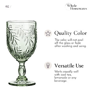 WHOLE HOUSEWARES | Coloured Green Vintage Wine Glass Goblet | 8.5 oz Embossed Design | Wedding, Party Glass Set of 6 (Green)