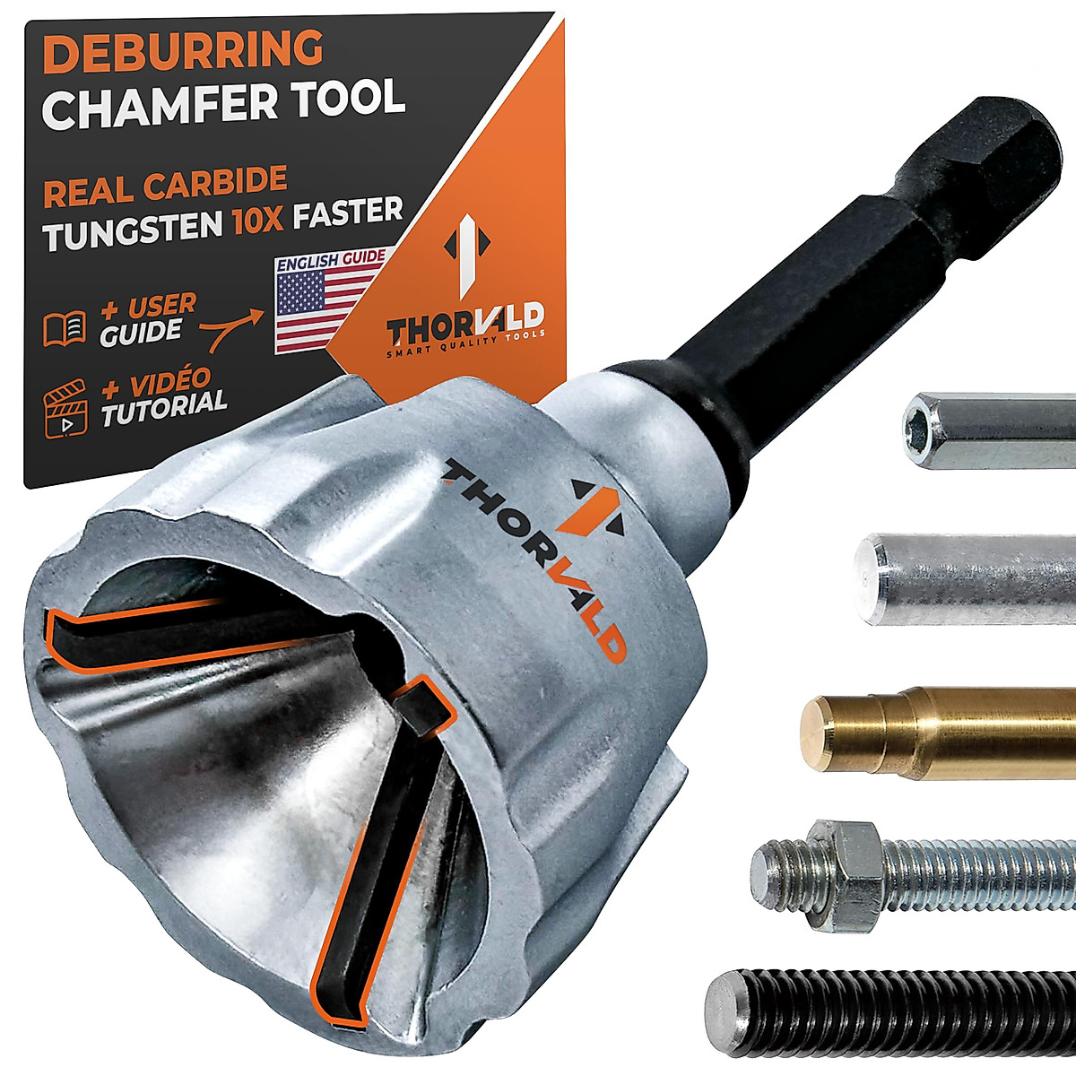 THORVALD Deburring External Chamfer Tool with Tungsten Carbide Blade - Deburr Tool for All Thread, All Metal Rod, Pipe, PVC, 3D Printing - 1/8" to 3/4" Diameter (3~19mm) - User Guide + Video Tutorial