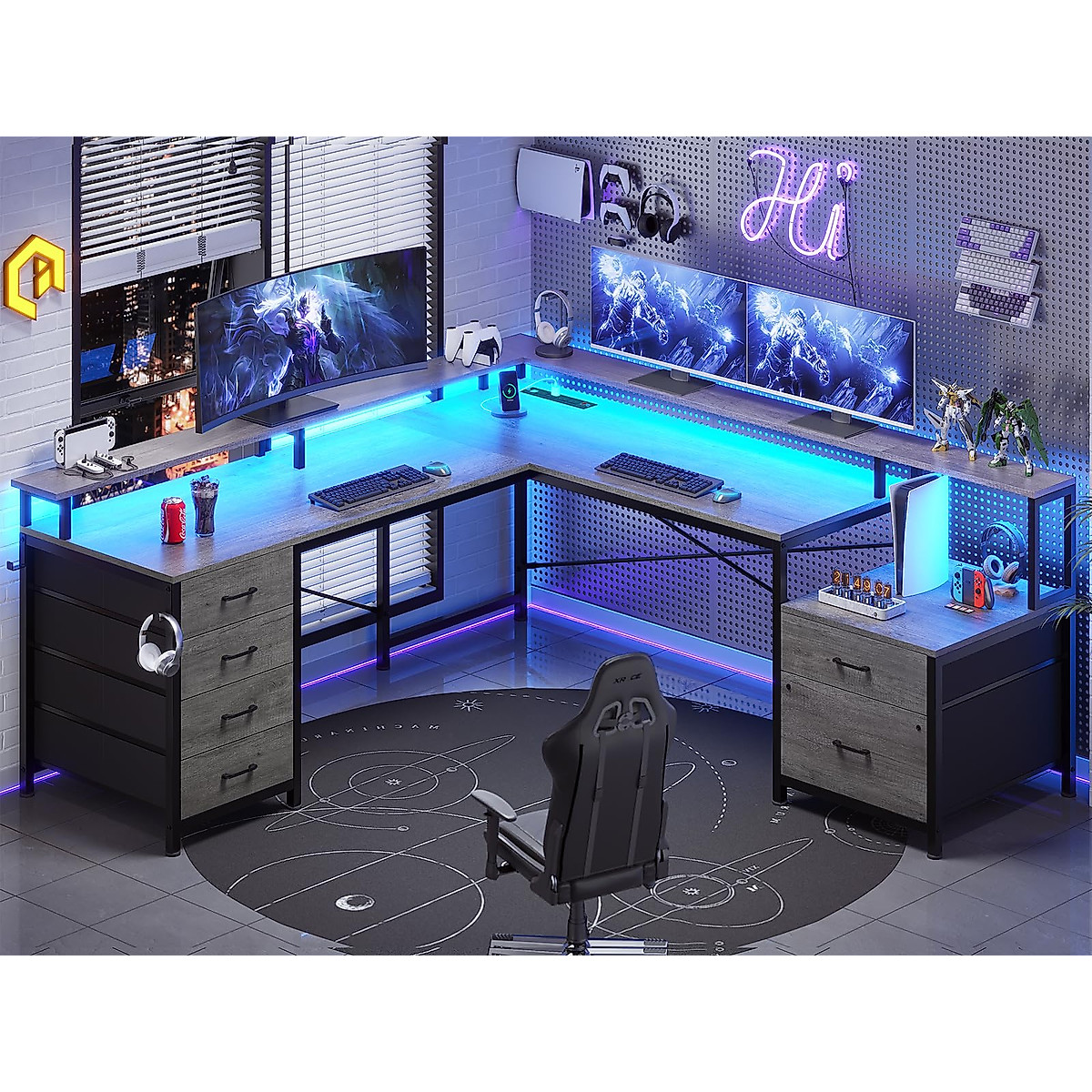SEDETA L Shaped Desk with 6 Drawer, 108" Home Office Desk with File Drawer & Power Outlet, Corner Computer Desk with Monitor Shelf, Two Person Desk, Gaming Desk with Led Lights, Grey