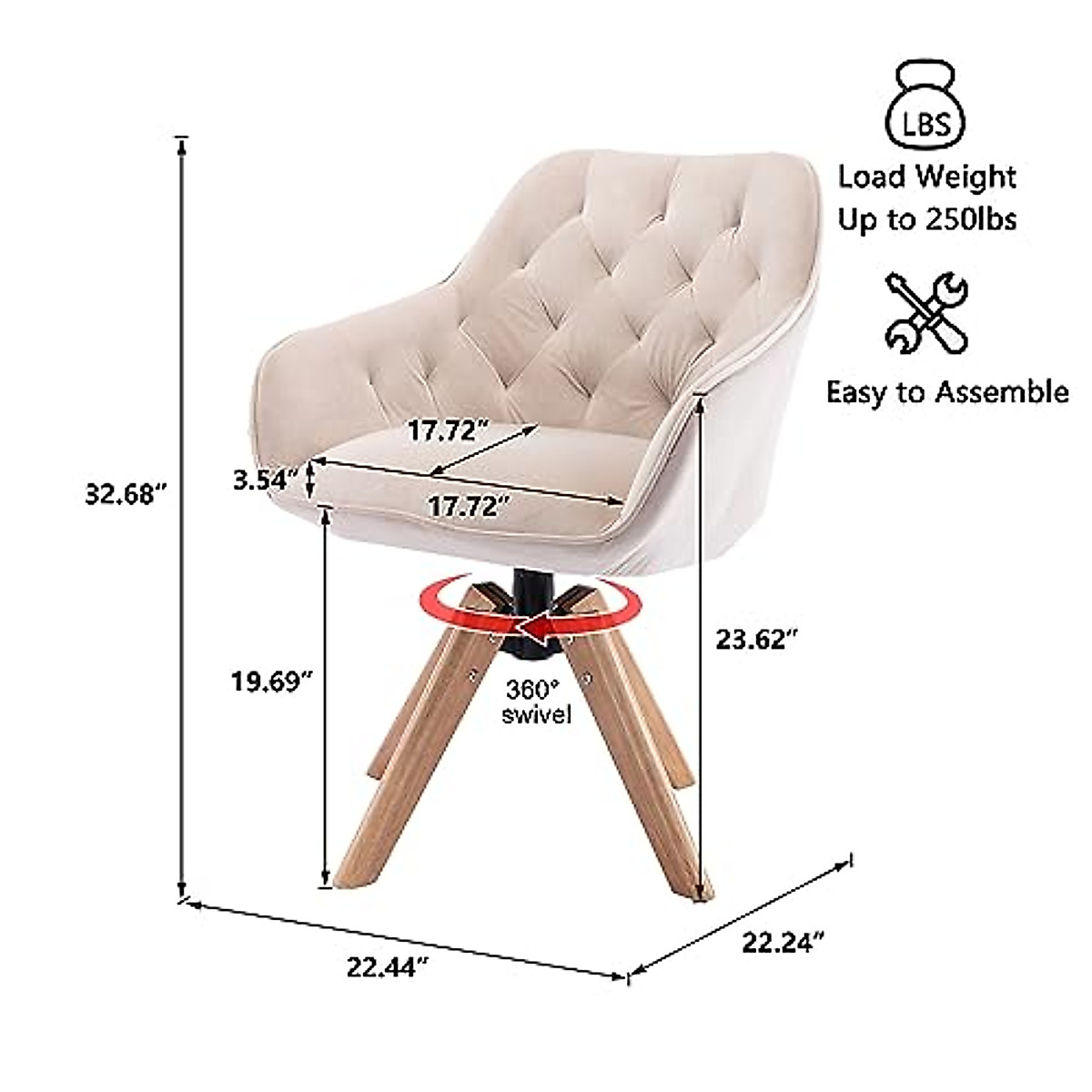 Gnrolaz Swivel Desk Chairs No Wheels,Cute Vanity Chair with Tufted Shell Back & Wood Legs,Comfortable Home Office Desk Chairs/Rolling Chair/Task Chair/Computer Chairfor Living Room,Bedroom,Makeup Room