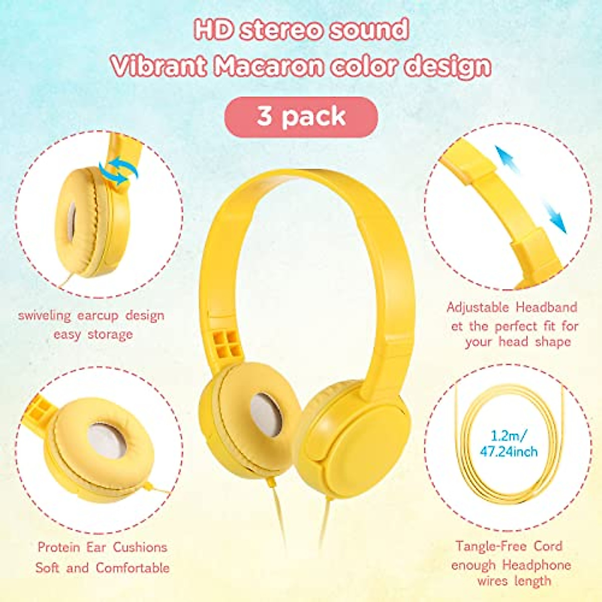 3 Pcs Kids Headphones Multi Color with Microphone 3.5 mm Jack Stereo Headphones Adjustable Wired on Ear Headphones for School Classroom Children Girls Boy Teen Computer Tablet Library Travel Airplane