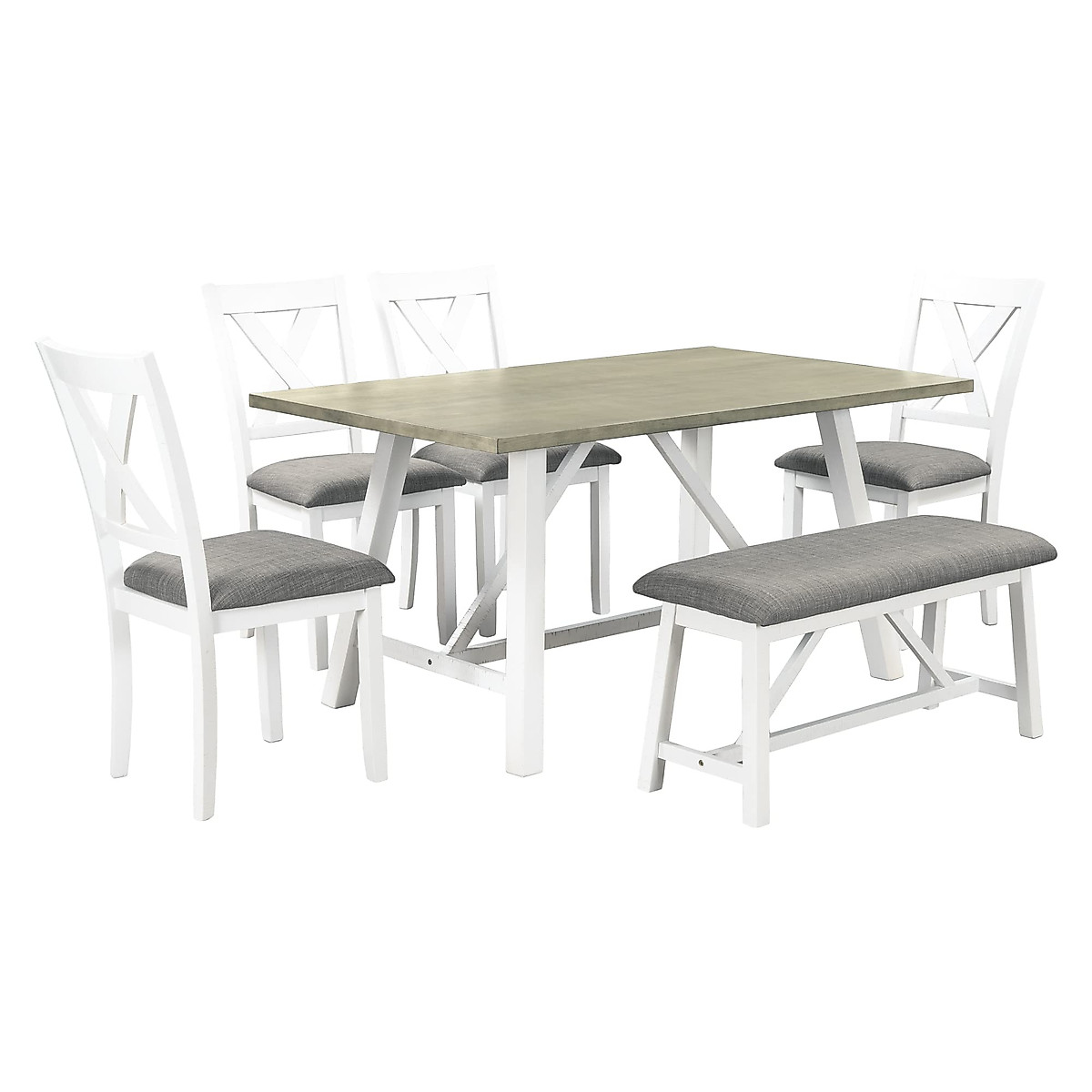 6 Piece Dining Table Set, Wood Dining Dinette Table and 4 Chairs with 1 Bench with Cushion, Rustic Style Kitchen Table Set for 6 Persons, White with Gray