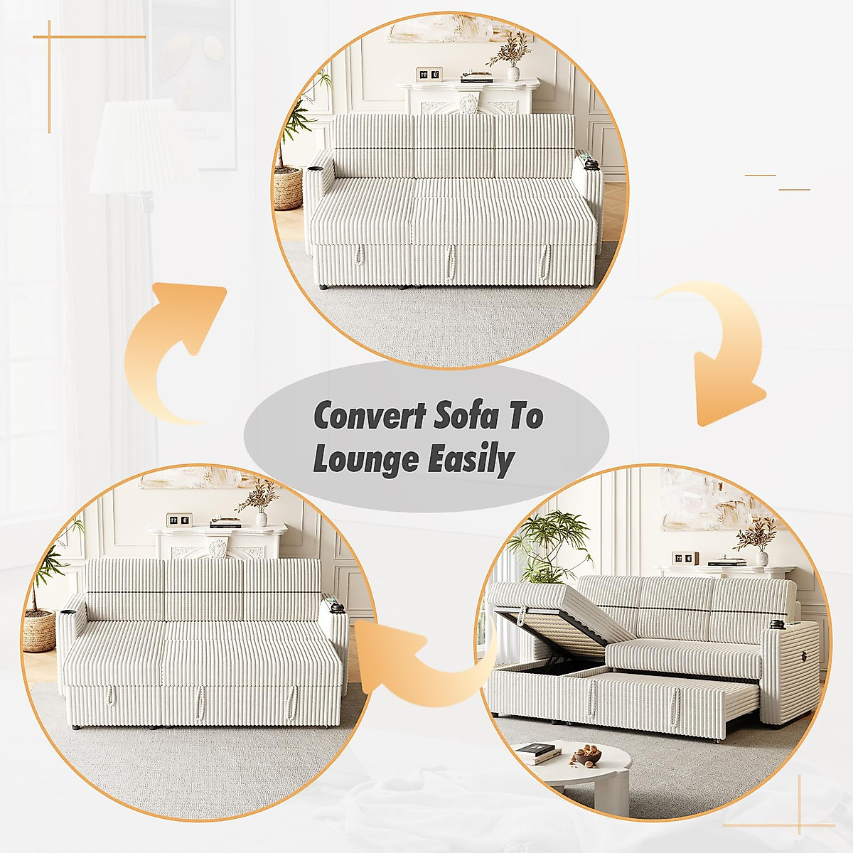 CAPCAEK 85" Corduroy Sofa Bed with Storage Chaise, L Shaped 3 Seat Sectional Couch, Pull Out Sleeper Sofabed with Cup Holders & USB Charge Port for Living Room, Office, Apartment (Beige)