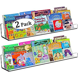 Acrylic Floating Wall Shelves 2 Pack Kids Bookshelf 24 Inch, Wall Mounted Invisible Ledge Shelf, Spice Rack, 4MM Thick Clear Bathroom Storage Shelves Display Organizer Toy Picture with 6 Screws