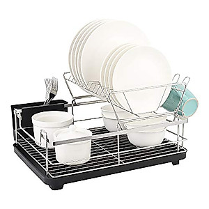 Dish Drying Rack, Small Dish Rack with Utensil Holder, Wine Glasses Holder, Compact Dish Drainer for Kitchen Counter Cabinet