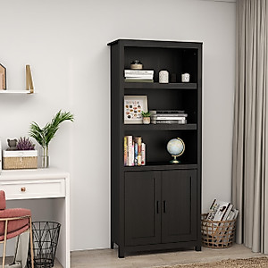 Panana Bookcase with Doors, 5 Shelves Free Standing Display Bookshelf with Cabinet Storage Organizer Home Office Furniture (Black)