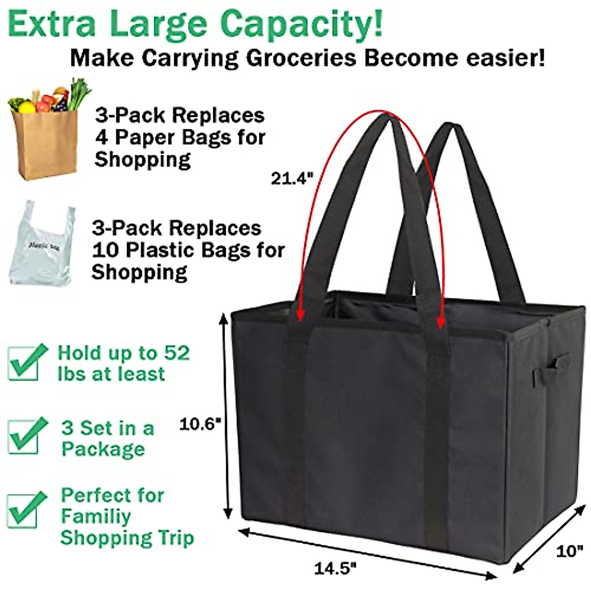 3-Pack Reusable Grocery Bags Collapsible Box Bag for Groceries Shopping Foldable Heavy Duty Tote Set with Extra Long Handles & Reinforced Bottom