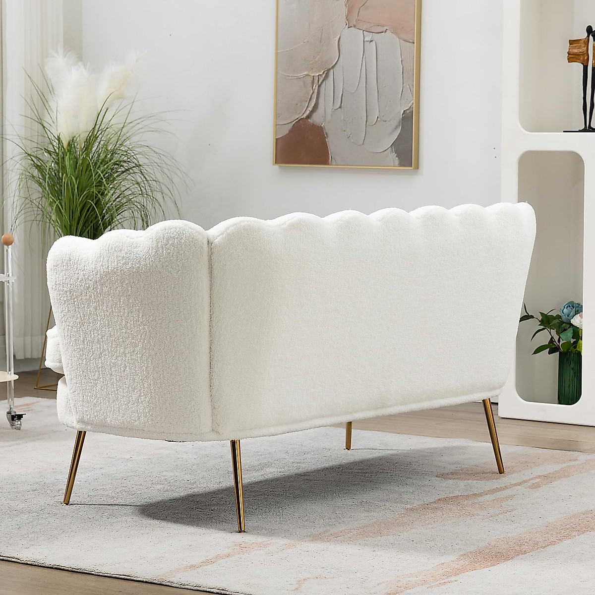 NNOOTK Boucle Teddy Fabric Small Loveseat Sofa with Gold Metal Legs, 59” Modern 2 Seater Sofa with Flower Backrest, Couch for Living Room Bedroom Office (Ivory White)
