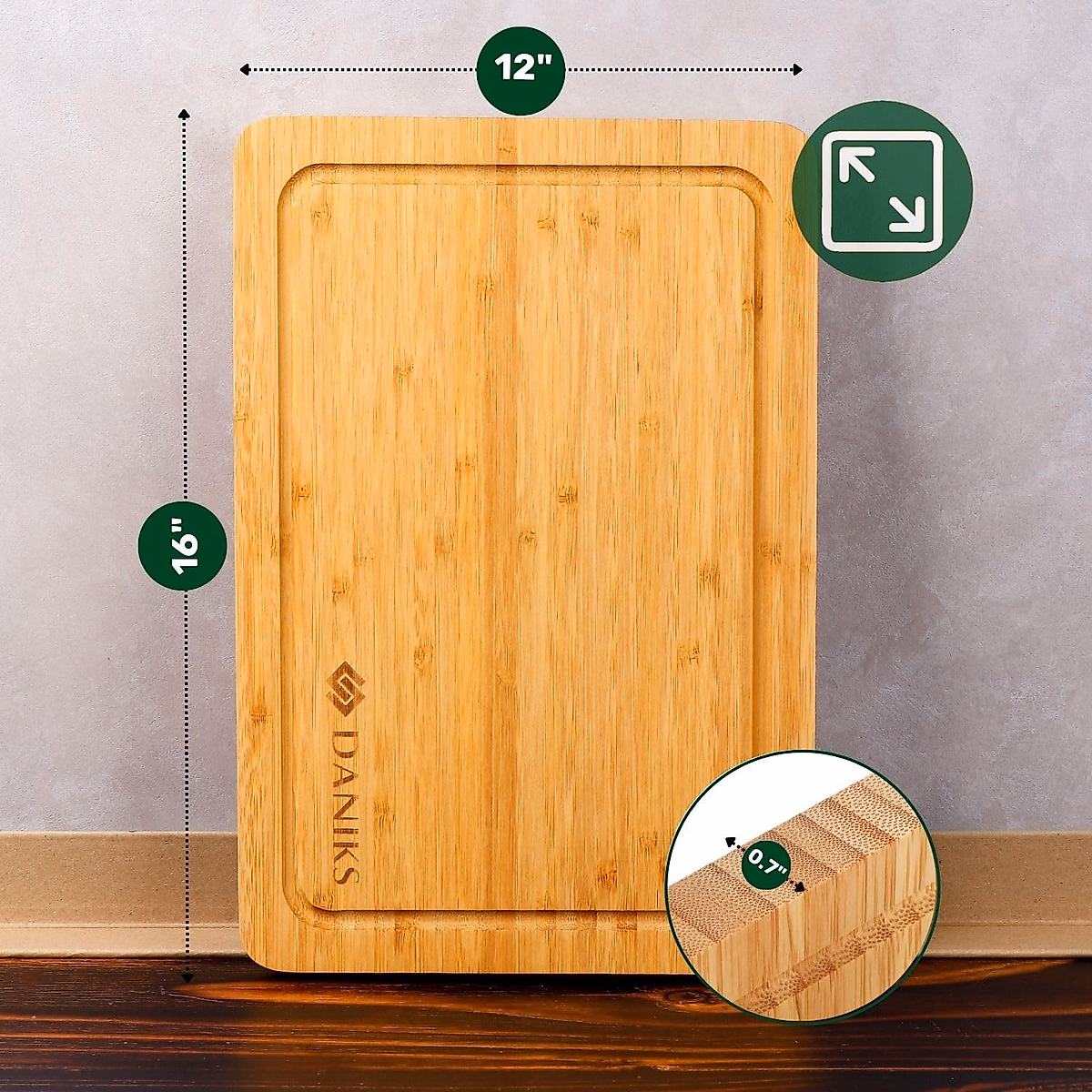 Daniks 100% Organic Bamboo Cutting Board for Kitchen | Heavy Duty Wood Chopping Board | Extra-Thick Cutting Board for Serving, Meat and Veggies | 16x12"