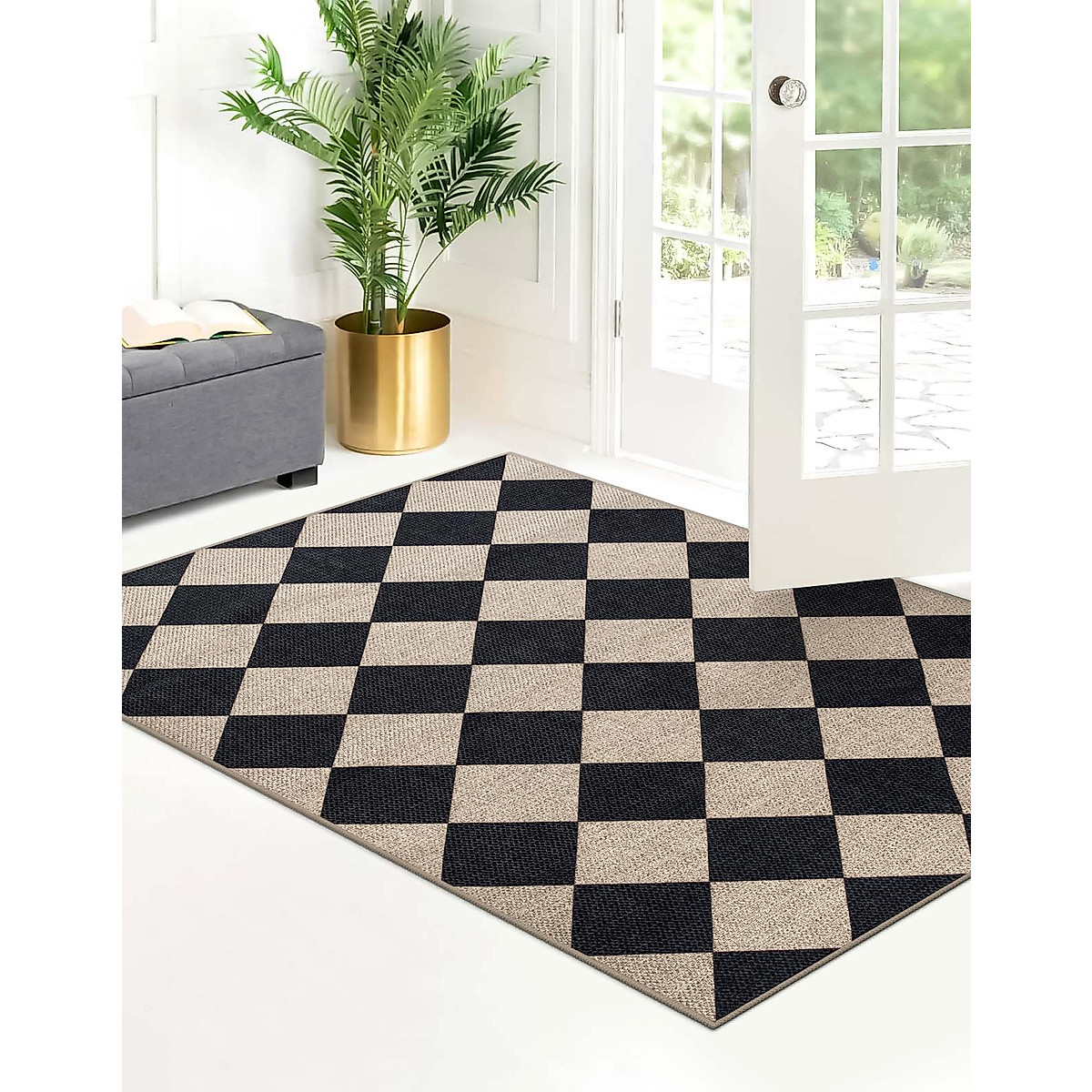 Lahome Checkered Easy Jute Area Rug, 3x5 Outdoor Patio Rug Washable Rugs for Entryway Diamond Indoor Outdoor Living Room Rugs, Farmhouse Neutral Non Slip Black Carpet for Backyard Bedroom
