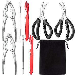 suoundey Seafood Cracker Tool Set With Lobster Sheller Stainless Steel Crab Crackers Crab Leg Fork Seafood Scissors And Storage Bag, Crab Leg Pick Utensils Set Crab Eating Tools (9Pcs)