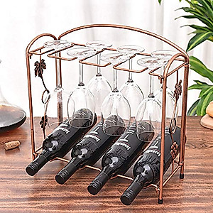 Huanxin Wine Rack Countertop, Tabletop Wine Rack Metal, Wine Bottle Holder, Hold 4 Bottles Wine Holder and 8 Glasses, Easy Assembly,Gold