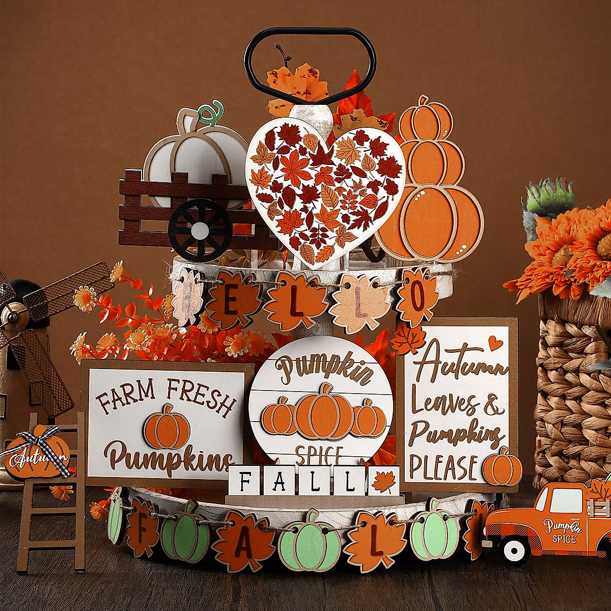 23-Piece Fall Tiered Tray Decoration Set - Thanksgiving Pumpkin Maple Leaf Truck Wooden Sign Rustic Farmhouse Tray Decoration Tabletop Sign Holiday