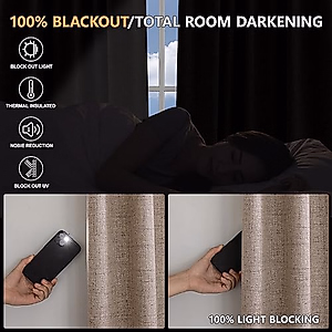 Novecozy 100% Blackout Curtains 84 Inches Length Long,Linen Thermal Insulated Curtains & Drapes for Bedroom/Living Room,Rod Pocket/Back Tab/Hook Belt/Ring Clips (2 Panels,W50 x L84 Inch,Natural)