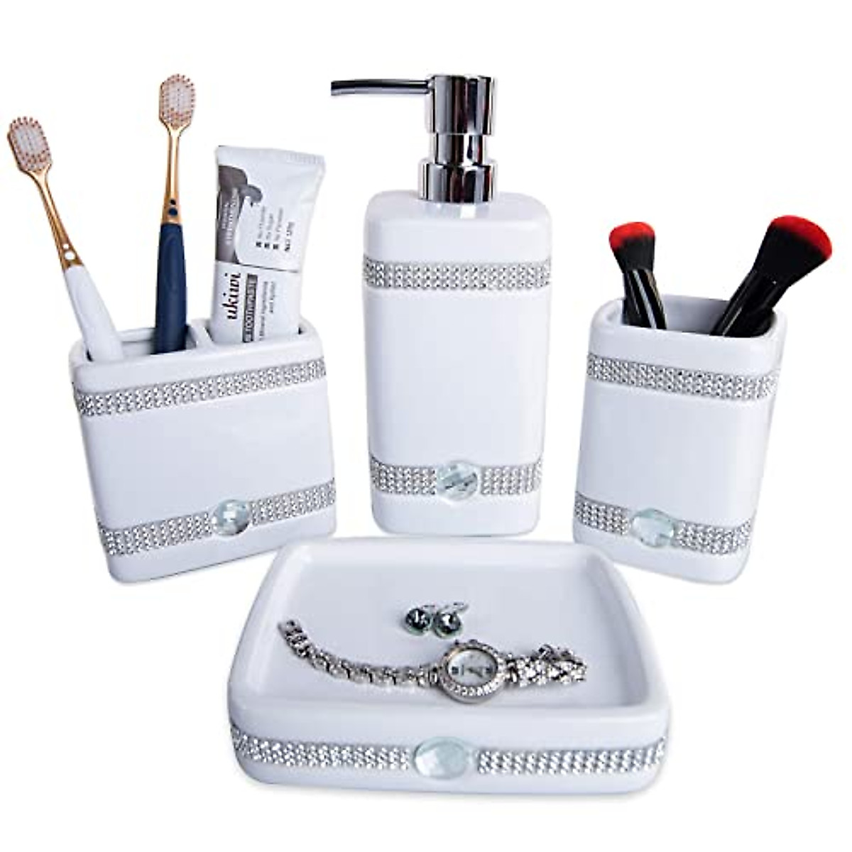 CAA'S Bathroom Accessories Set Ceramic 4 Pieces Bathroom Ensemble for Bath Decor Includes Lotion Dispenser Toothbrush Holder Tumbler Soap Dish (White Inlaid Zircon)