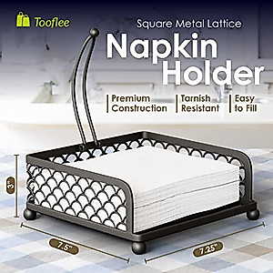 Elegant Flat Paper Napkin Holder with Dispenser Arm - Napkin Holders for Table, Kitchen, Countertops & Outdoor Tables - Square Metal Lattice Basket Dinner Napkin Holder -Napkins Dispenser (Black)