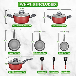 NutriChef Professional 12-Piece Red Nonstick Cookware - PFOA/PFOS-Free, Heat Resistant Lacquer, Elegant Design, Multi-Sized Pots and Pans