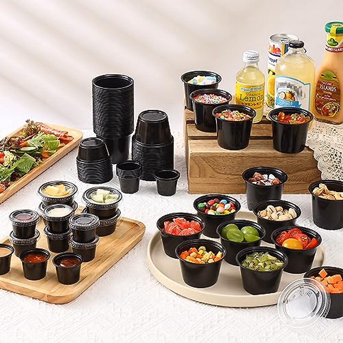 AOZITA 200-2 oz Black Jello Shot Cups, Portion Cups, Small Plastic Containers with Lids, Airtight Souffle Cups, Salad Dressing Container, Sauce Cups, Condiment Cups for Lunch, Party to Go, Trips