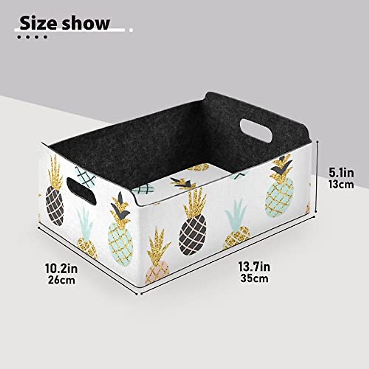 Fabric Storage Cube (Geometric Gold Pineapple) 13.7 × 10.2 × 5.1 inch, Large Capacity Decorative Foldable Storage Basket Organizer with Handles Rectangle Thick for Multi Use