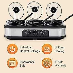 Triple Slow Cooker, Buffet Server Food Warmer, 3 * 1.5QT Slow Cooker with Ceramic Pot, 3 Modes Adjustable Temp, Dishwasher Safe, Removeable Glass Lid and 3 PVC Spoons,Stainless Steel