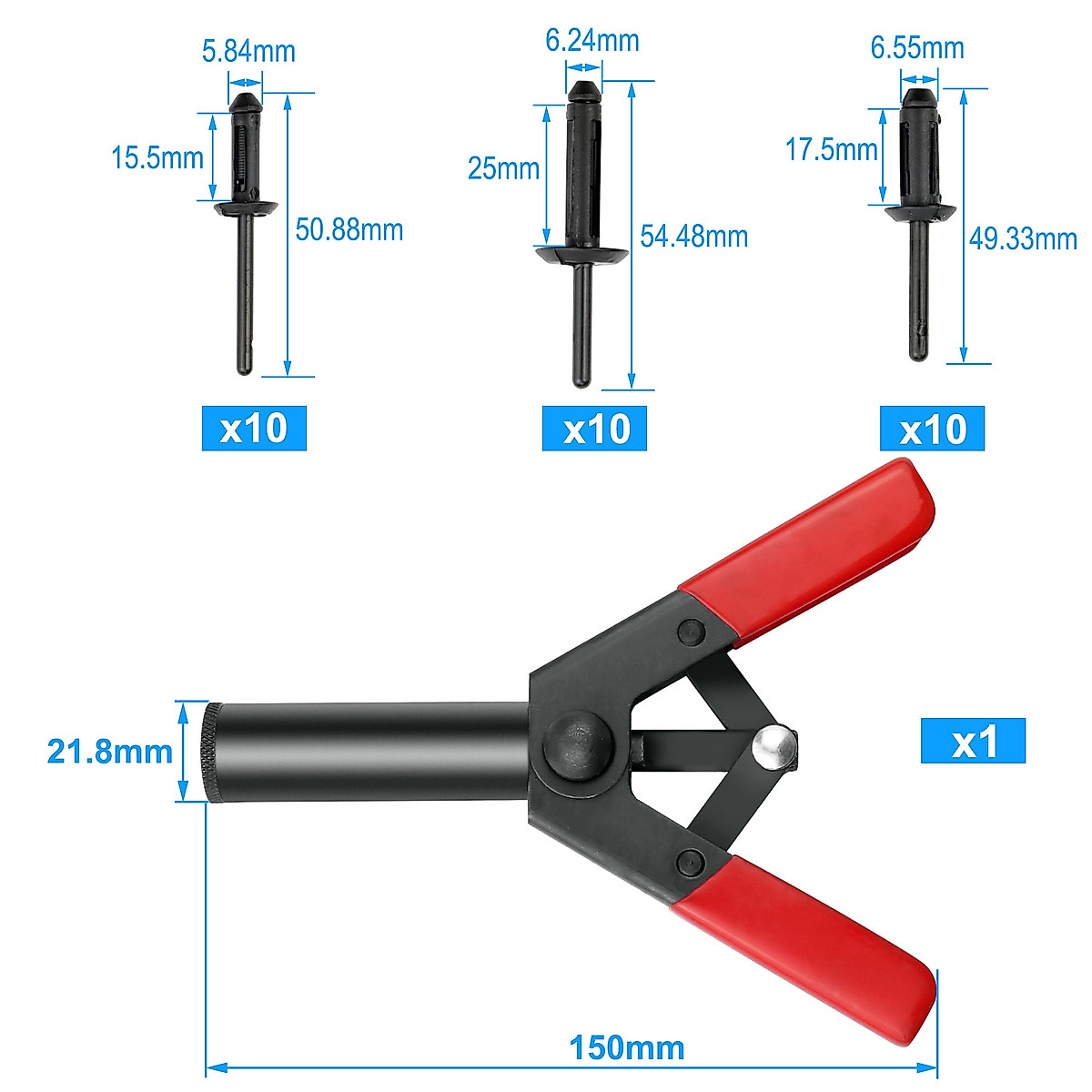 Rivet Gun Set with 3 Sizes Nylon Blind Rivets, 30 Pieces, Hand Riveter Suitable for Automotive and More