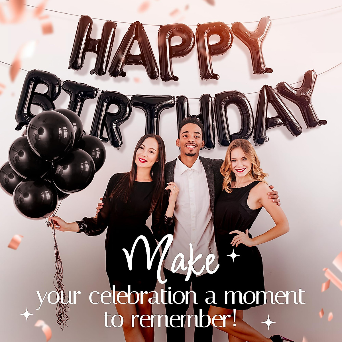 18 Inch 3D Foil Balloons Birthday Banner - Rope & Inflation Straw Included - Elegant Black Birthday Decorations - Party Decorations For Kids and Adults - Happy Birthday Balloon Sign - Thick Material