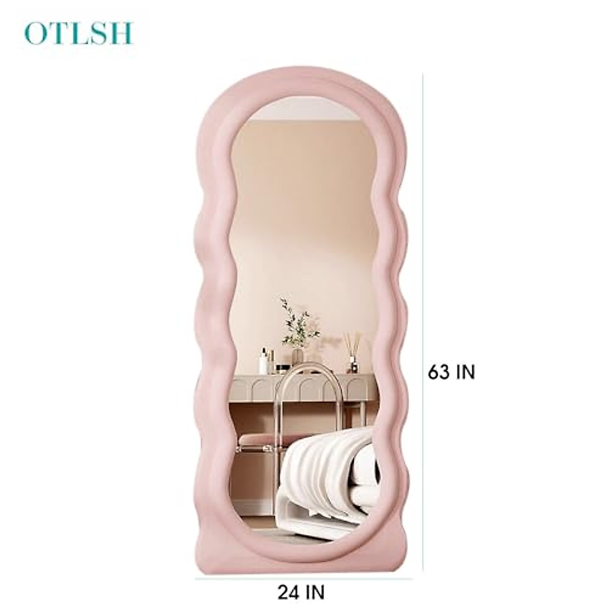 Otlsh Wavy Floor Mirror, 63" x 24" Full Length Mirror with Stand, Irregular Wavy Mirror, Wave Pattern, Flannel, Standing Mirror, Large Wall Mirror, Freestanding, Pink