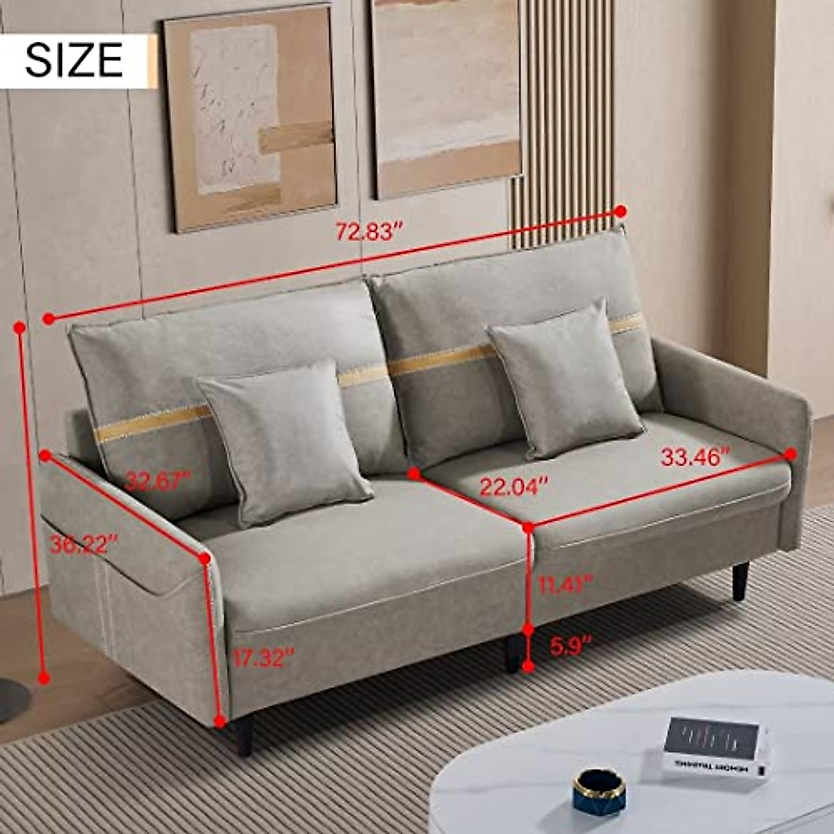 gefayluo 72.8 inch Sofa Couch Mid-Century 3-Seat Tufted Love Seat for Living Room Bedroom Office Apartment Dorm Studio and Small Space 2 Pillows Included (Silvery Gray)