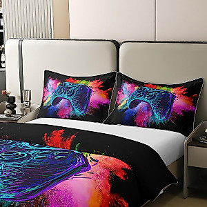 Erosebridal Teen Boys Gaming Twin 100% Cotton Duvet Cover,Kids Boys Gamer Bedding Set,Girls Colorful Tie Dye Comforter Cover,Video Game Navy Blue Gamepad Bed Sets with 1 Pillowcase Lightweight