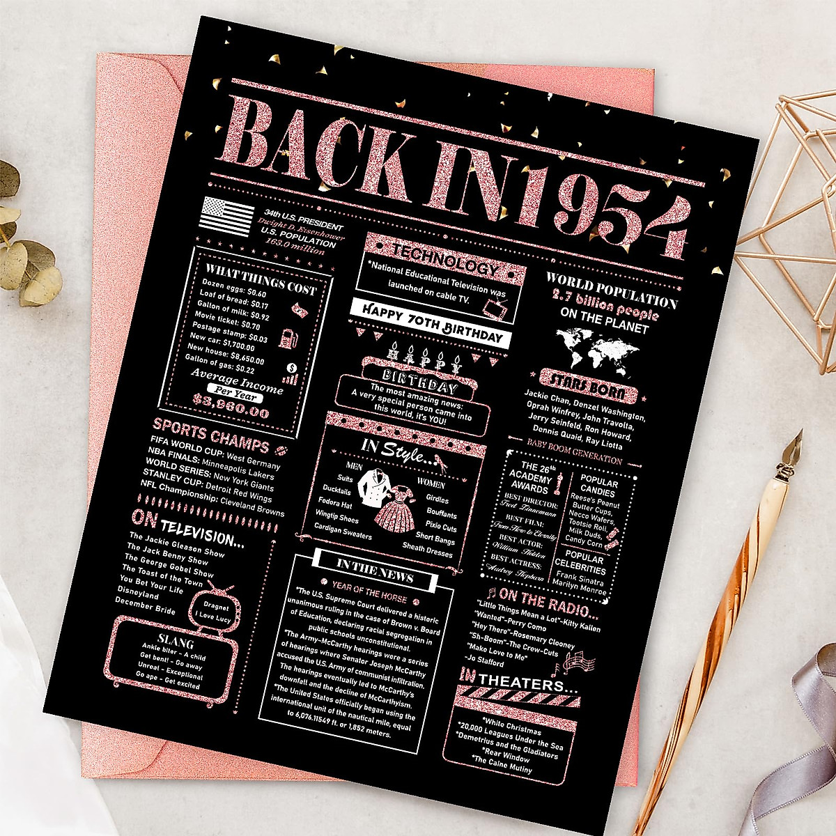 BGTCARDS 70th Birthday Card, 70th Birthday Decorations for Women, 70th Birthday Gifts for Mom, Jumbo Birthday Cards for 70 Year Old Aunt, Back in 1954 Birthday Card for Wife Sister Friend, Rose Gold