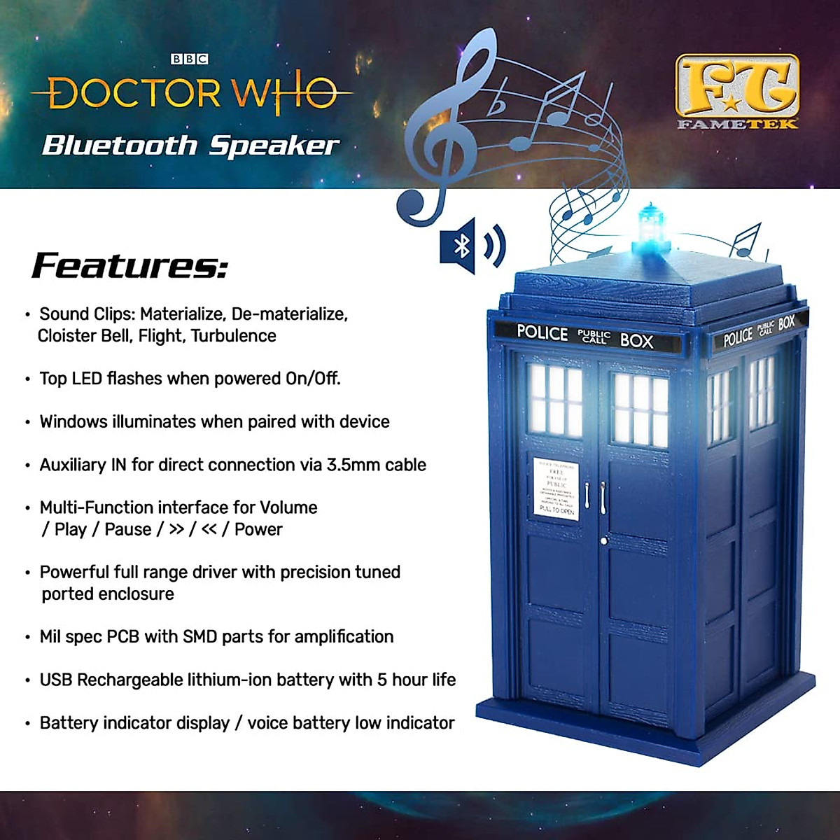 FAMETEK Doctor Who Tardis Wireless Bluetooth Speaker Plays Music, Lights Up, Accurate Sounds Effects |Gifts for Men or Women - Best Gifts Birthday Collectibles for Doctor Who