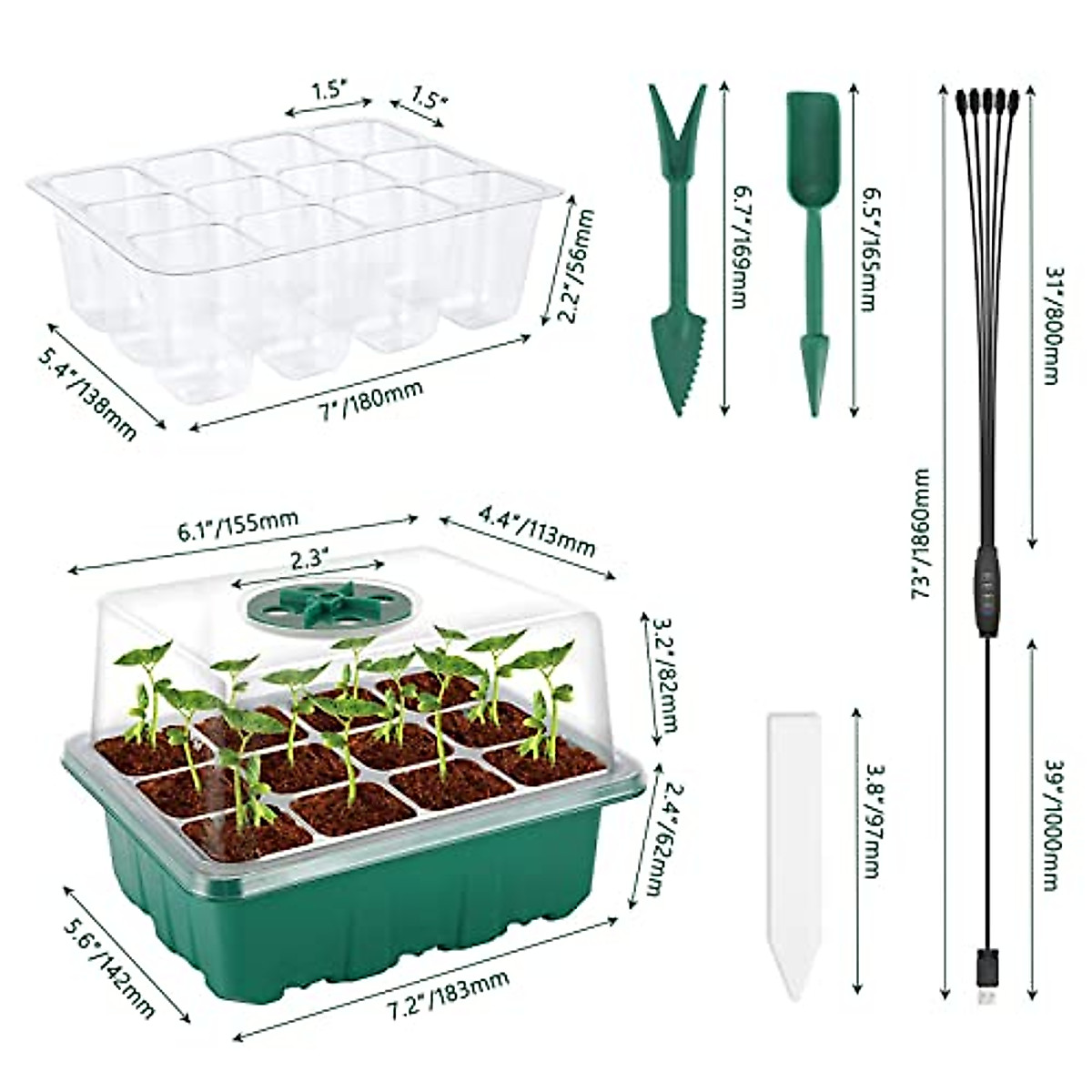 ANTUGLBAR Seed Starter Tray with Grow Light 5 Packs Seedling Starter Trays with Smart Controller Timer, Dimmable, Seed Starting Trays Kit High Humidity Dome Indoor Gardening Plant Germination Trays