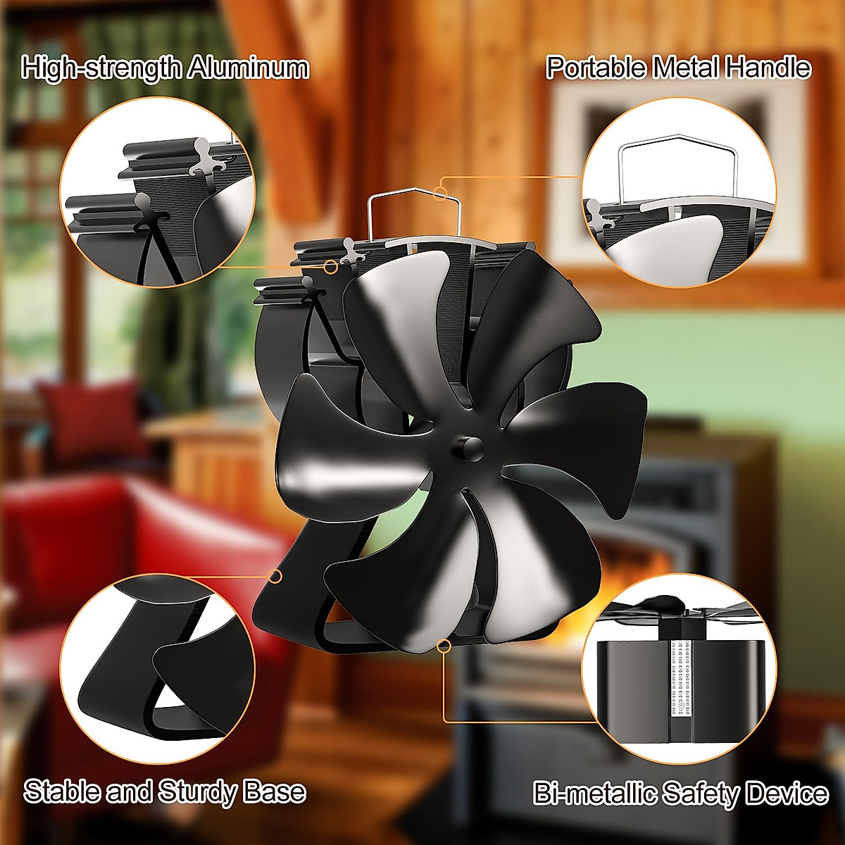 VODA Wood Stove Fan 6 Blades Heat Powered Fans Newly Designed Fireplace Fans for Wood Burning Stoves Eco Fans for Log Burner Fireplaces