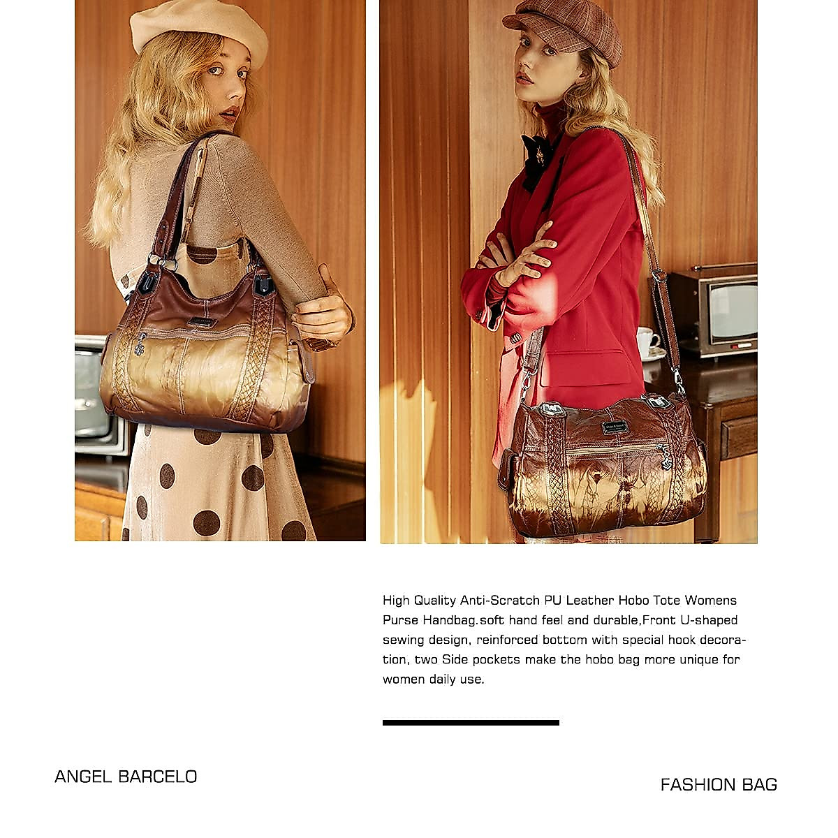 Angel Barcelo Roomy Fashion Hobo Womens Handbags Ladies Purse Satchel Shoulder Bags Tote Washed Leather Bag Brown