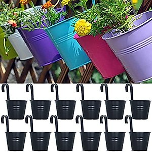 LOVOUS 6.3" x 4.7" x 5.3" Large Iron Hanging Planters Multicolor Flower Pots Balcony Garden Railing Planter, Fence Hanging Metal Bucket Plants Holders Set for Indoor and Outdoor, 12PCS, Black