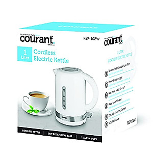 Courant Cordless Electric Kettle 1 Liter, 1000W 360 Rotational with LED Light for Tea Coffee Hot Chocolate Soup Hot Water, White Stainless