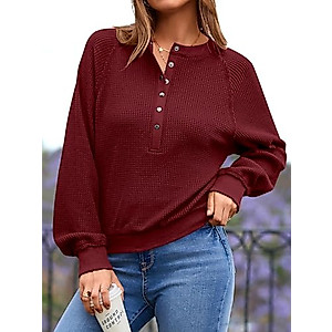 PRETTYGARDEN Women Drop Shoulder Long Sleeve Sweatshirt Fall v Neck Oversized Crop Pullover Winter Waffle Knit Henley Tops Button Down Shirt (Jujube Red, XX-Large)