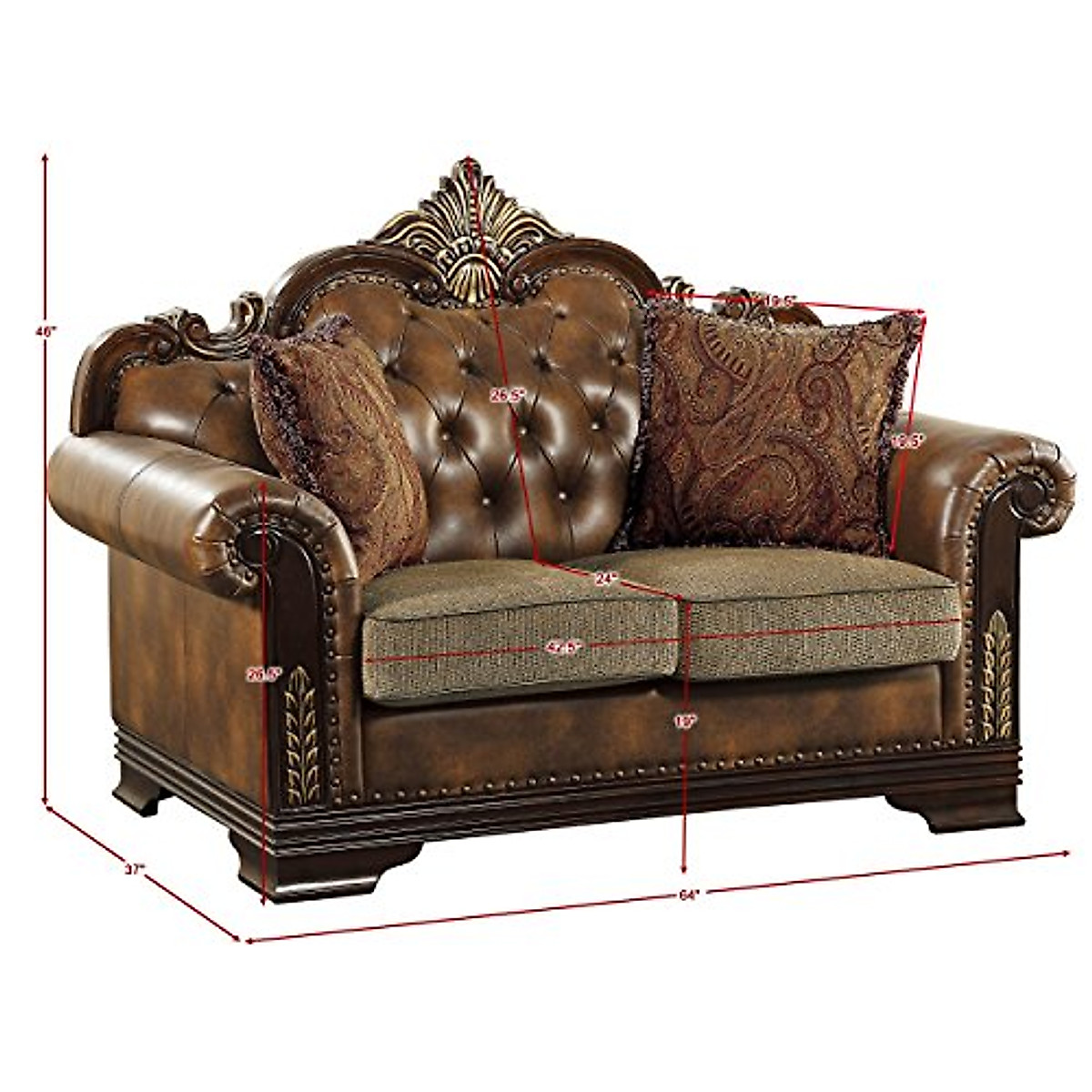 Homelegance Croydon Traditional Two-Tone Love Seat, 65"W, Brown PU Leather