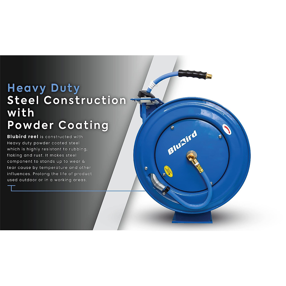 BLUBIRD BBRHD1250 18ga. Retractable Hose Reel with 1/2" X 50' Air Hose, 12 Point Ratcheting Gear, Next-Gen Rubber, Lightest, Strongest, Most Flexible, 300 PSI, -50F to 190F Degrees, Polyester Braided