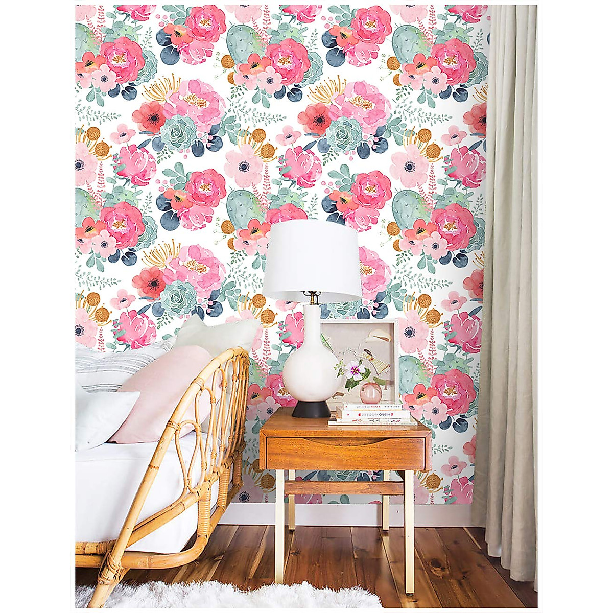 HAOKHOME Floral Wallpaper Peel and Stick Watercolor Cactus White/Pink/Green/Navy Blue Vinyl Self Adhesive Contact Paper Decorative 17.7in x 9.8ft