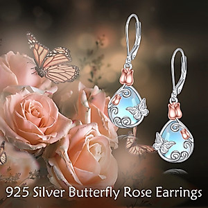 Moonstone Butterfly Earrings for Women 925 Sterling Silver Butterfly Rose Leverback Earrings Filigree Dangle Earrings Moonstone Jewelry Mothers Day Birthday Gifts for Mom