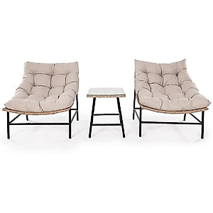 Idzo Caline Large Rattan Bistro Set Outdoor 3 Piece with Glass Side Table, Premium Olefin Thick Cushion, Upgraded 2000Hrs UV Resistant Wicker for Patio Use, Papasan Chair Design