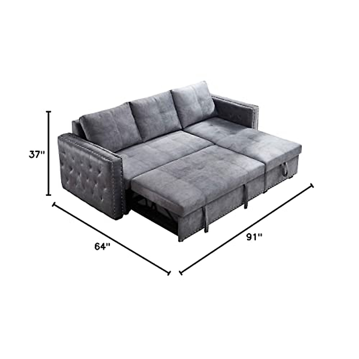 ATY Sectional Sofa with Pull Out Bed, Reversible L-Shape Couch with Storage Chaise and Sleeper, Save Space for Living Room Office, 91" Grey