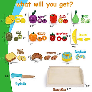 Wooden Pretend Play Food Sets Cutting Toys for Kids Kitchen Accessories Playset Montessori Toys with Toy Knife Velcro Fruit Board Learning Educational Fine Motor Skills Toddler Toys Birthday Gift