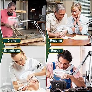 10X Magnifying Glass with Light and Stand, TOMSOO Real Glass LED Lighted Magnifier, 3 Color Modes Magnifying Lamp Stepless Dimmable, Adjustable Swing Arm Desk Lamp with Clamp for Reading Repair Crafts