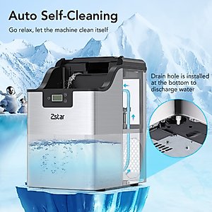 Zstar Nugget Ice Maker, Stainless Steel Countertop Ice Machine with 44Lbs/24H Output, Crunchy Sonic Ice Maker Machine, Self-Cleaning Portable Ice Maker with Freestanding Ice Scoop for Home,Office,Bar