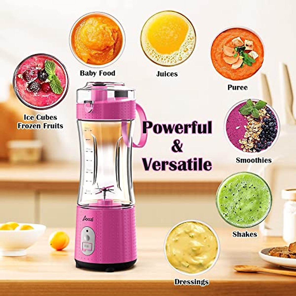 Personal Size Blender Smoothies and Shakes, Aoozi Portable Blenders, Mini Blender USB Rechargeable, Handheld Blender Sports,Travel and Home (Rasberry)