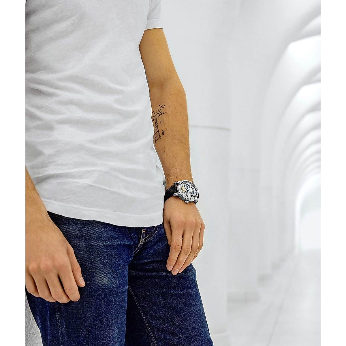 Stuhrling Original Legacy Men's Automatic Watch Stainless Steel 46 MM Case Genuine Leather Strap Watch Black (Silver)