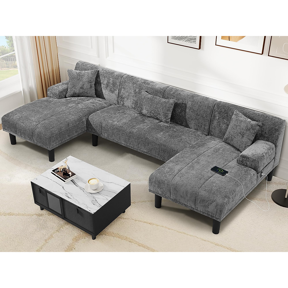 YITAHOME Sectional Couches for Living Room, U Shaped Sofa Chenille Modern Couch with USB & Type C Charging Ports Double Chaise and Comfy Upholstered, Grey